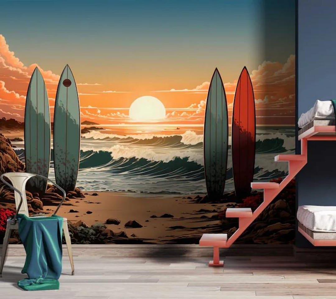 Surfboard Sunset Beach Mural: Peel and Stick Wallpaper - Etsy