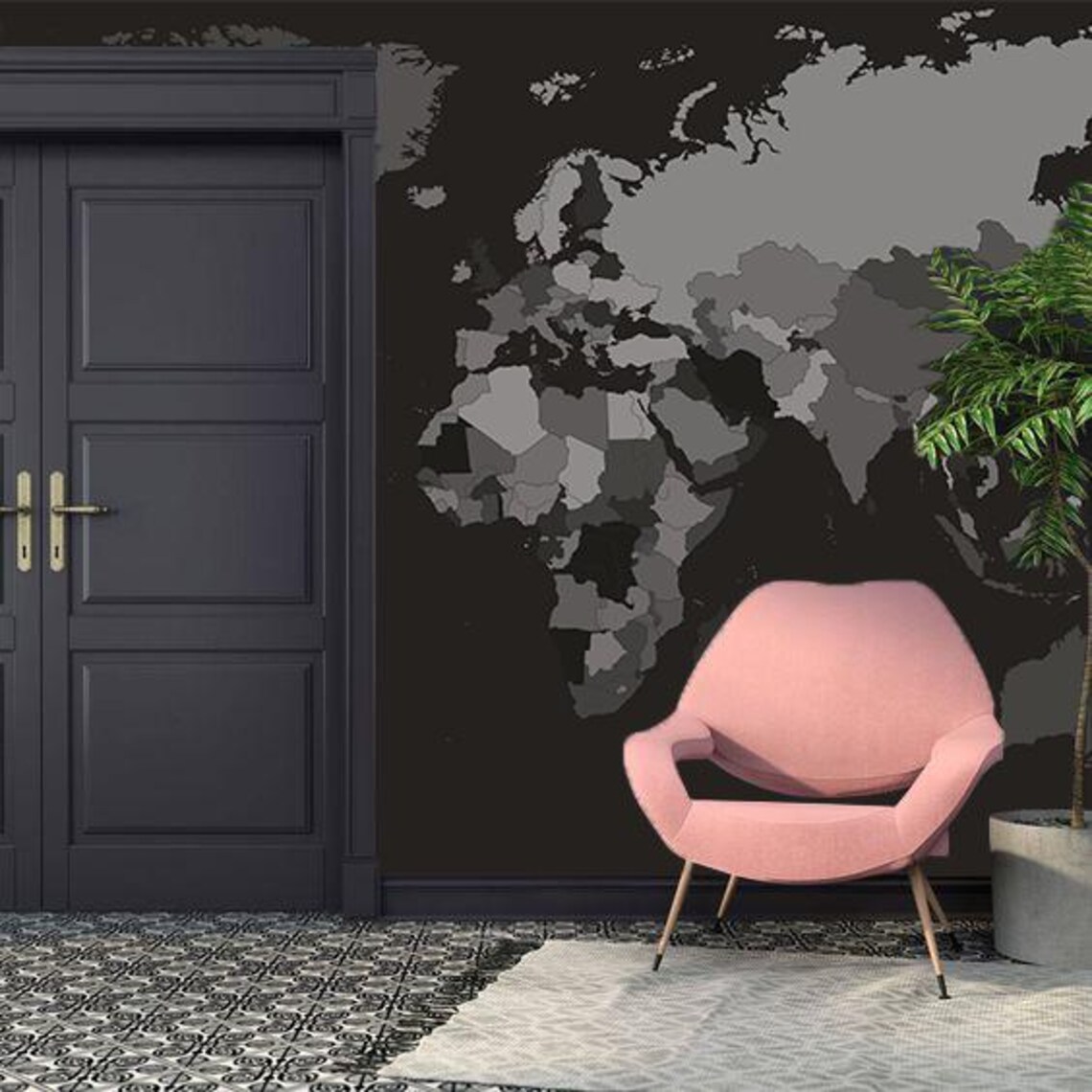 Black World Map Wallpaper: Modern Minimalist Globe Wall Mural - Etsy