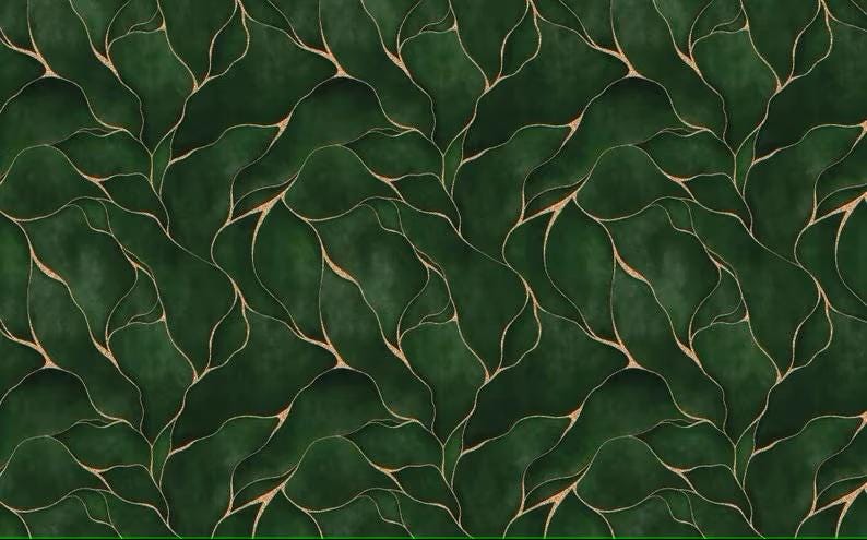 Gold Leaf Green Wallpaper , Peel and Stick Henna Green Golden Details Wall Mural , Botanical ...