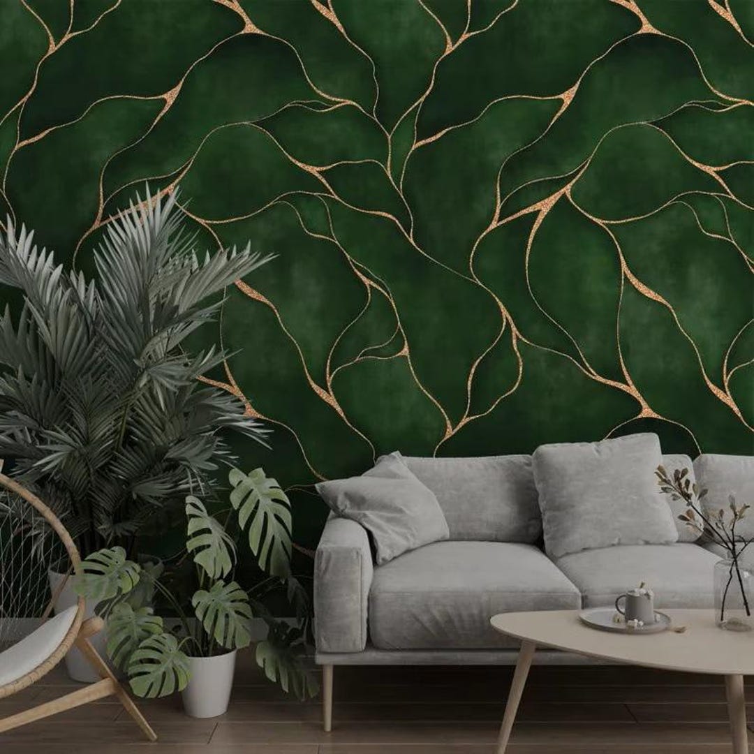 Gold Leaf Green Wallpaper , Peel and Stick Henna Green Golden Details Wall Mural , Botanical ...