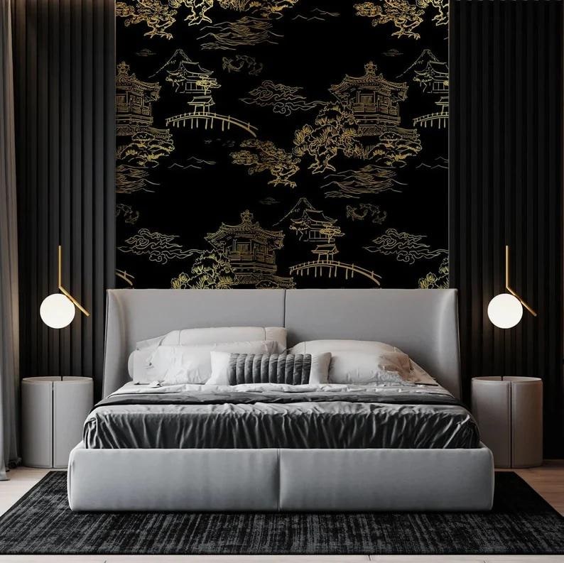 Gold Leaf Asian Art Wallpaper: Chinese Style Removable Mural - Etsy ...