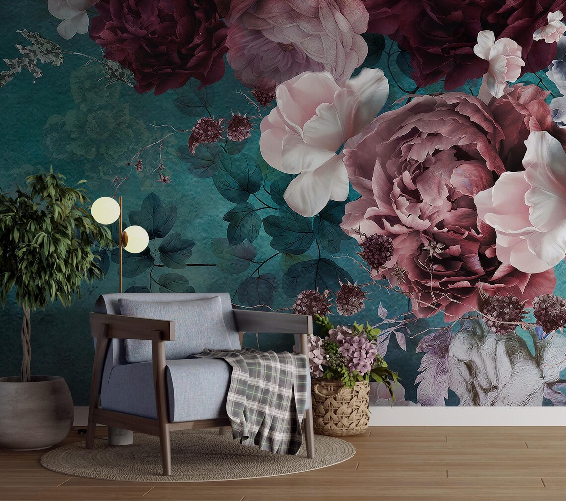 Turquoise Floral Wallpaper: Large Rose Wall Mural, Vintage Botanical ...
