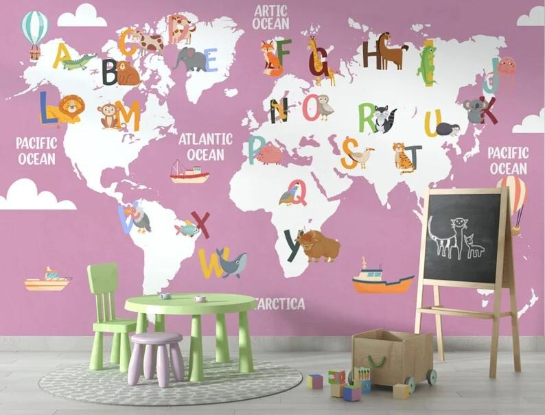 3D World Map Kids Room Wallpaper Educational and Decorative Wall Art ...
