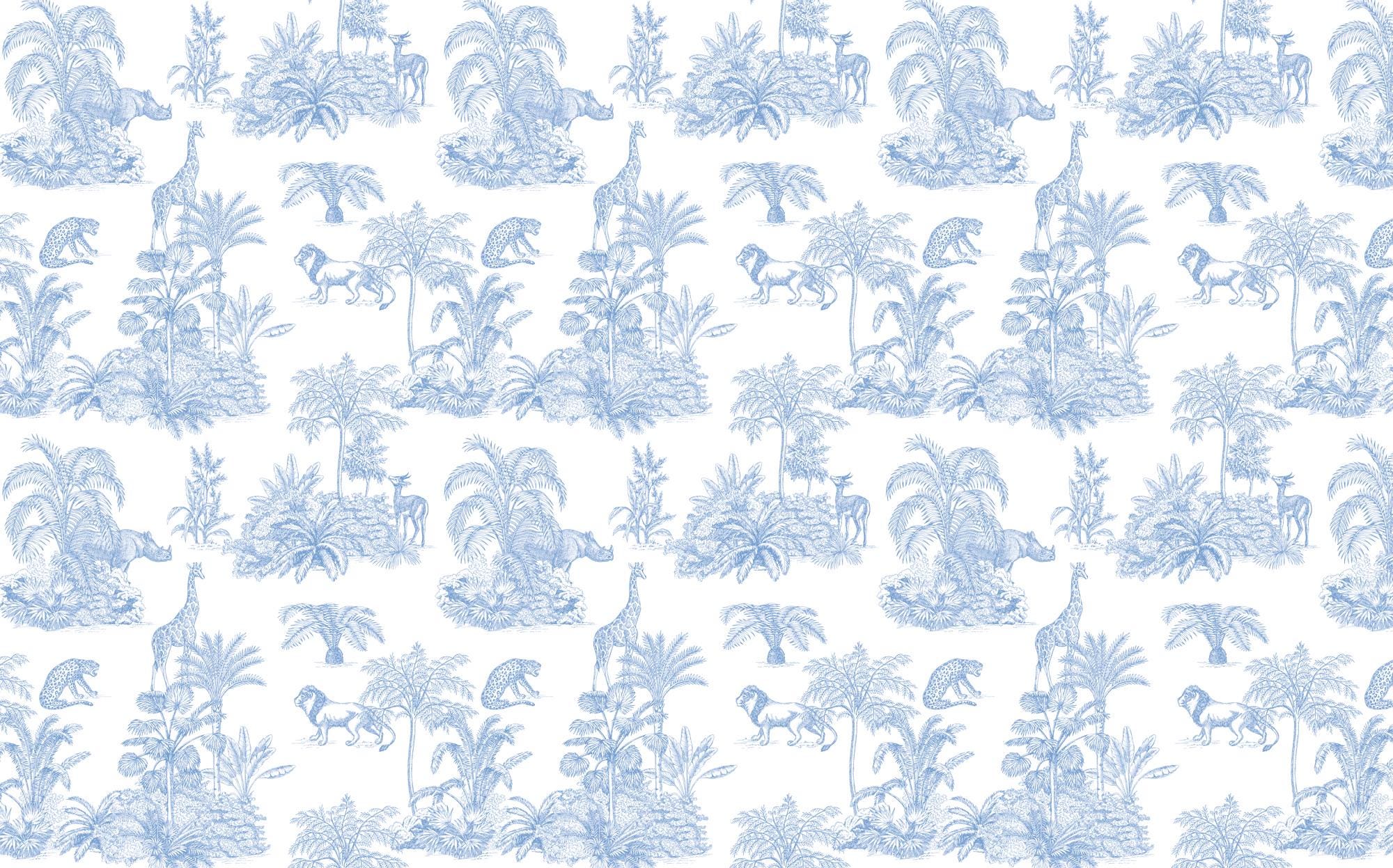Blue Safari Toile Wallpaper: Hand-drawn Jungle Animal Wall Mural - Etsy