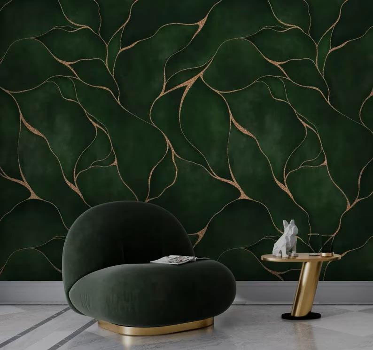 Gold Leaf Green Wallpaper , Peel and Stick Henna Green Golden Details ...
