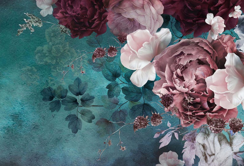 Turquoise Floral Wallpaper: Large Rose Wall Mural, Vintage Botanical ...