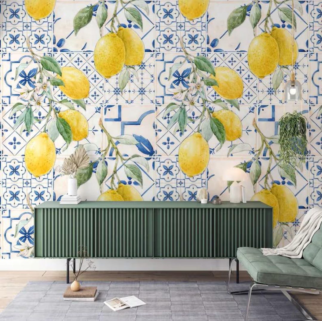 Tile Wallpaper-lemon Floral Wallpaper-kitchen Decoration-blue Tiled ...