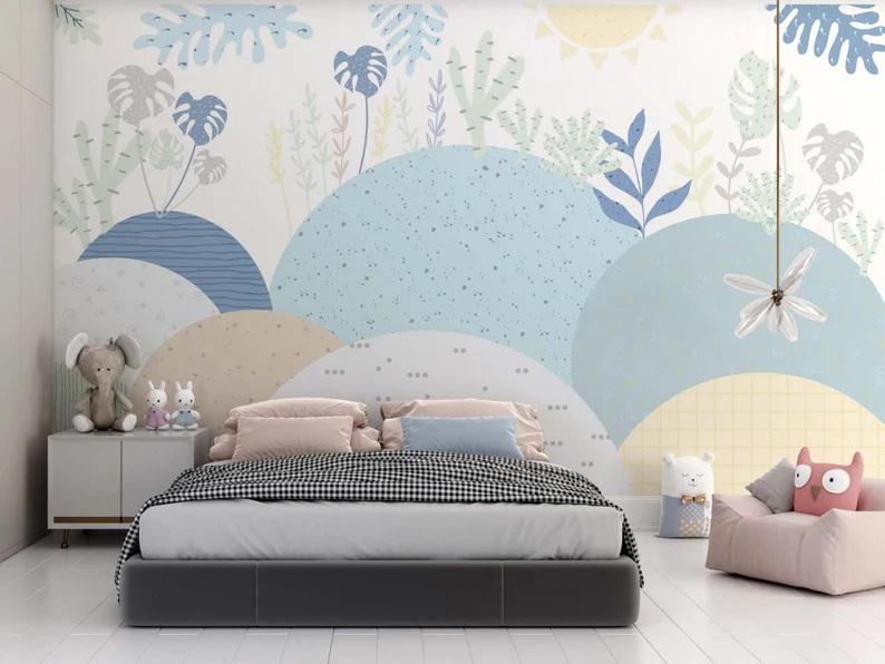 Colorful Patterned Wall Mural-soft Colored Wall Mural-soft Colored Leaf ...