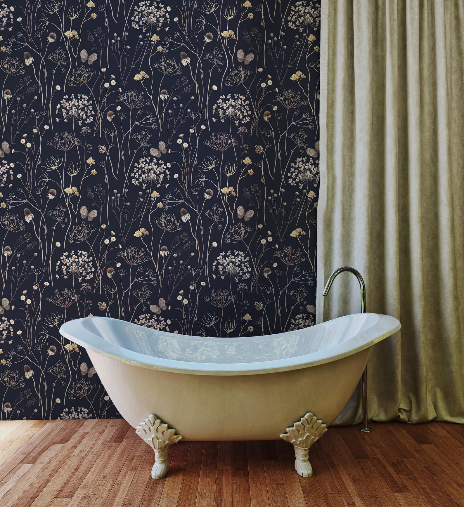 Dark Botanical Wallpaper, Wild Flower Wall Mural, Vintage Butterfly ...