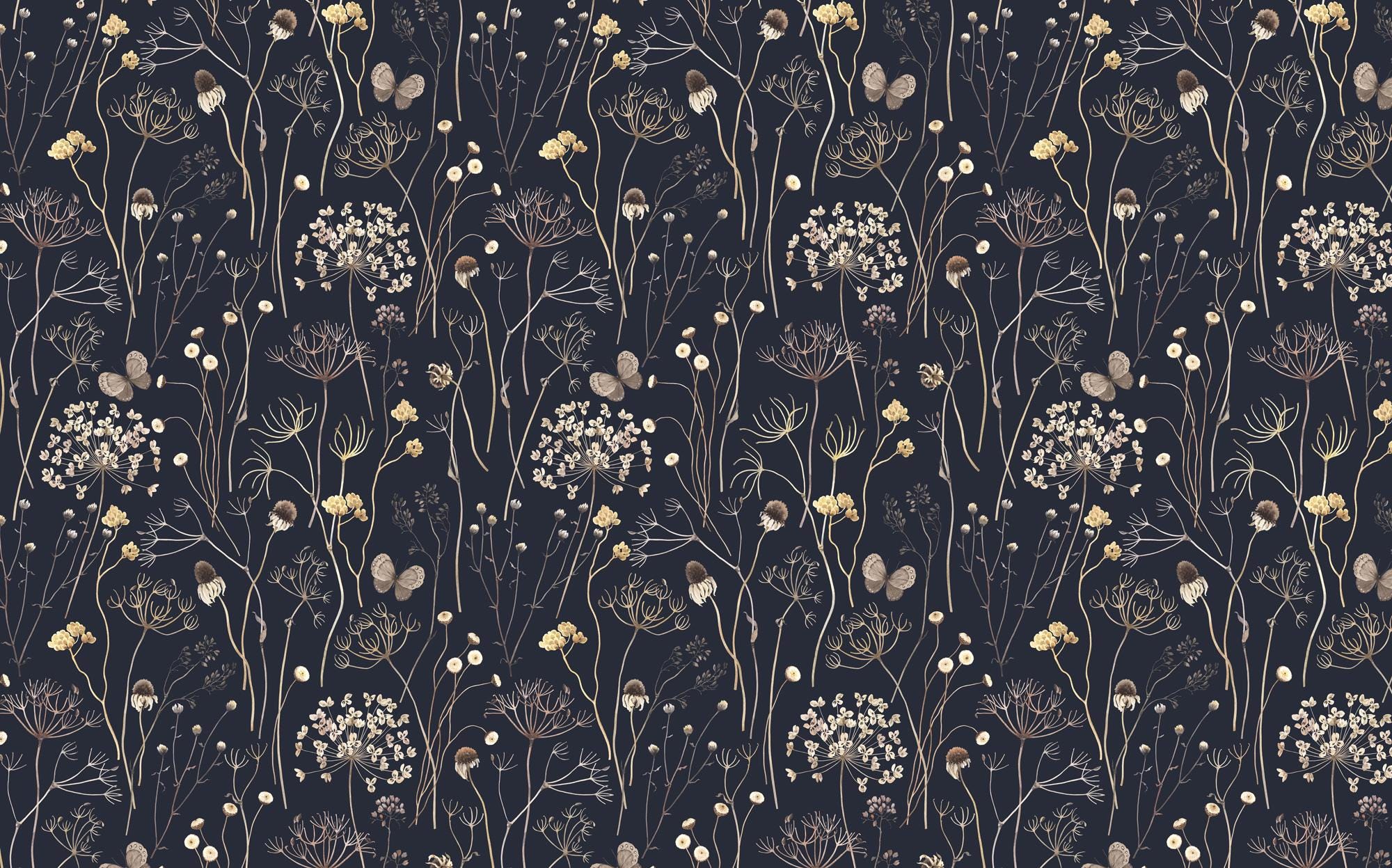Dark Botanical Wallpaper, Wild Flower Wall Mural, Vintage Butterfly ...