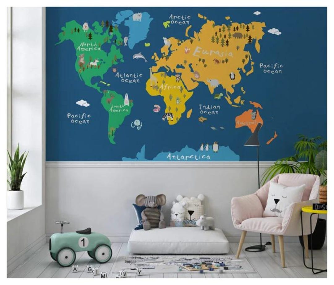 3D World Map Kids Room Wallpaper Educational and Decorative Wall Art ...