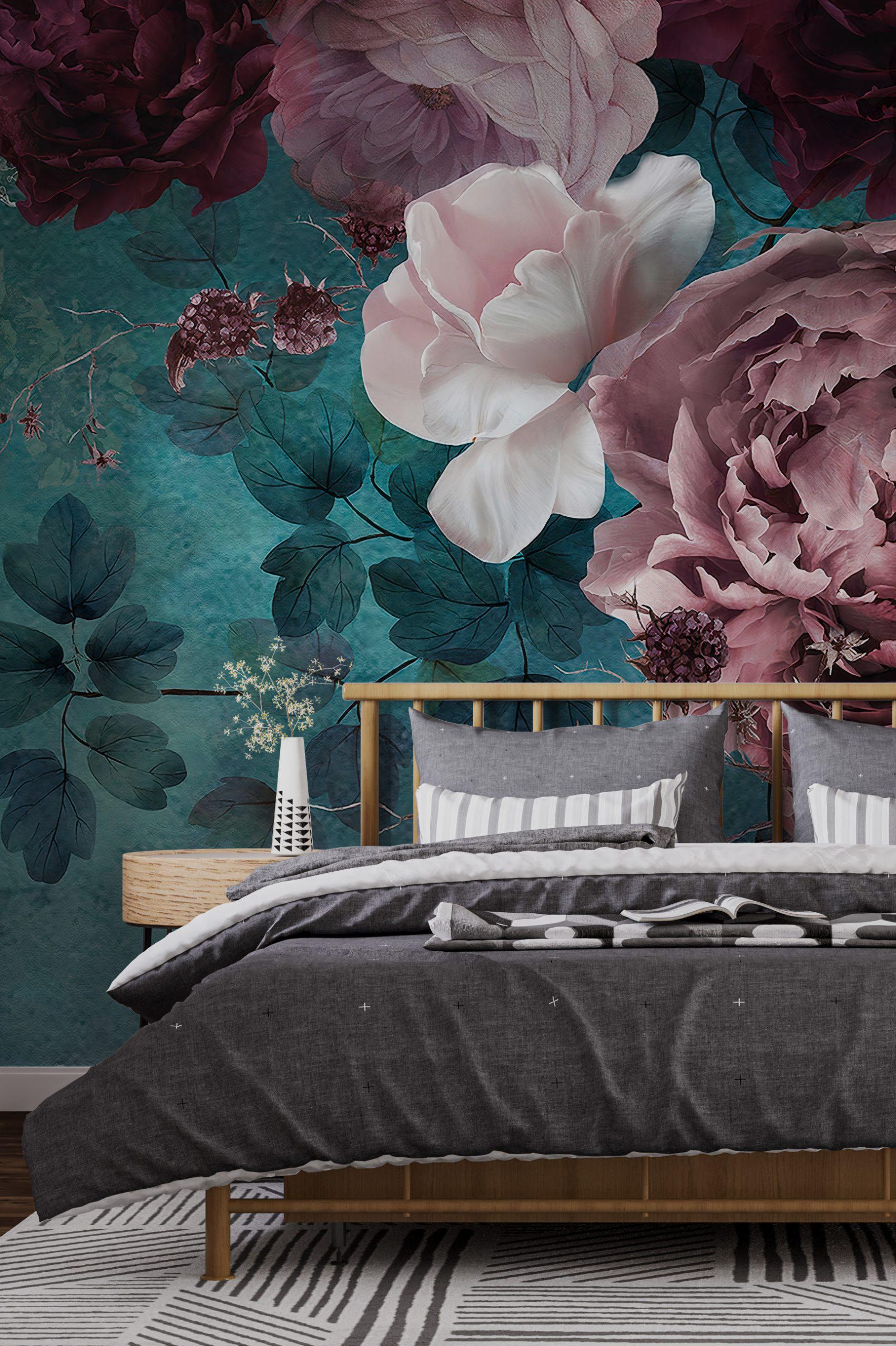 Turquoise Floral Wallpaper: Large Rose Wall Mural, Vintage Botanical ...