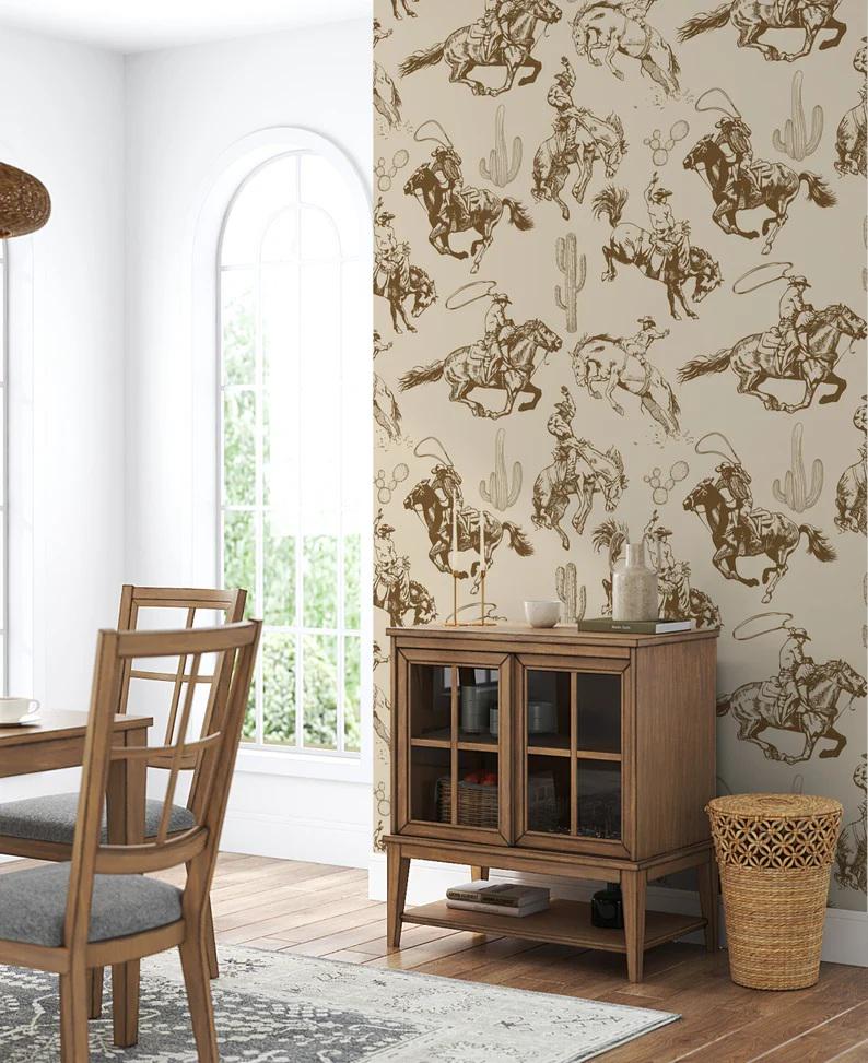 Western Cowboy Rodeo Wallpaper Mural Vintage Wild West Horse Lasso ...