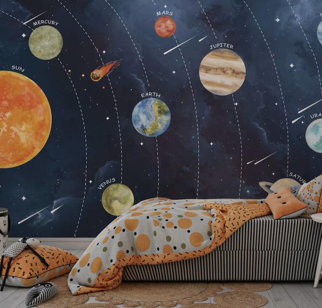 Solar System Wall Mural, Planet Wallpaper for Kids Room, Educational ...