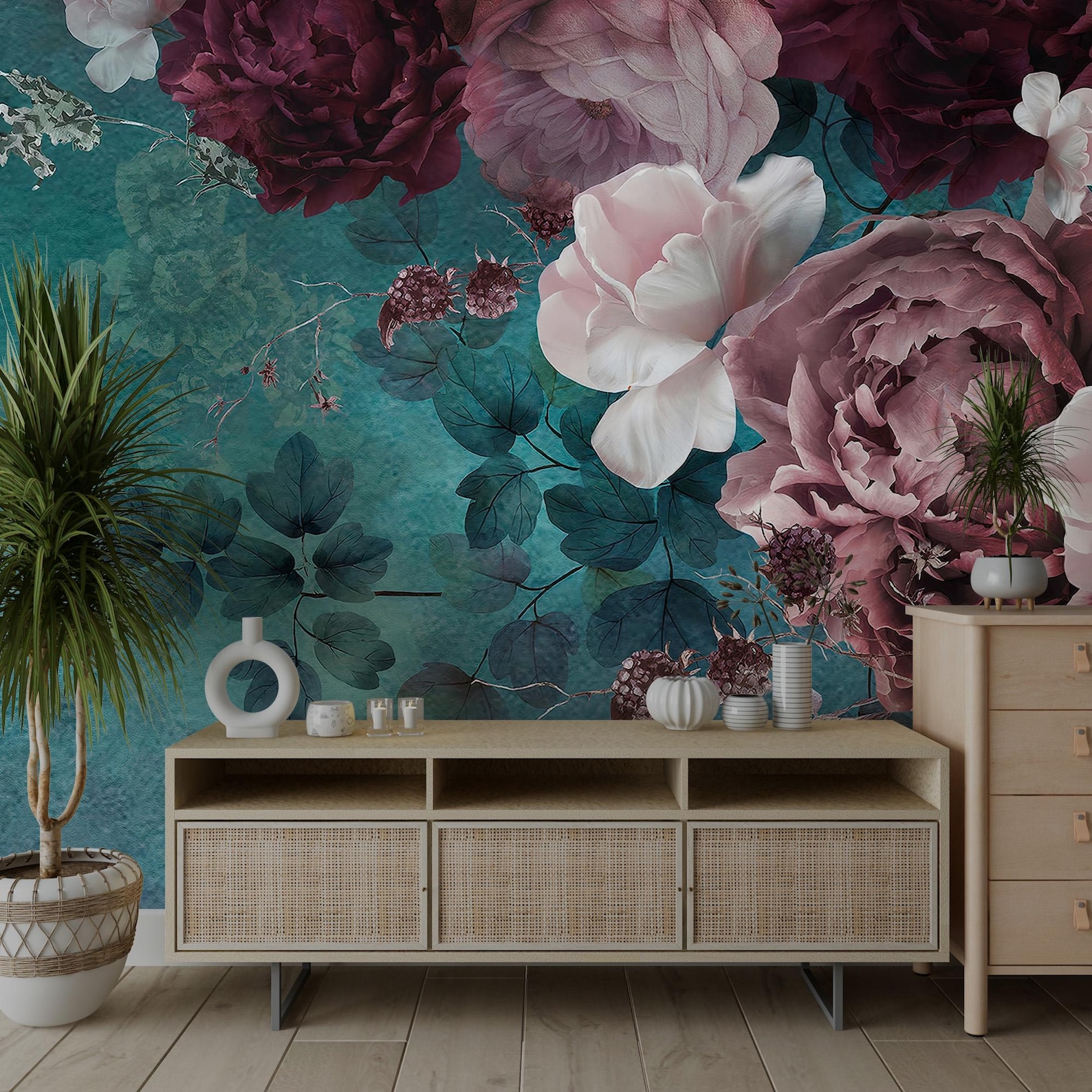 Turquoise Floral Wallpaper: Large Rose Wall Mural, Vintage Botanical ...