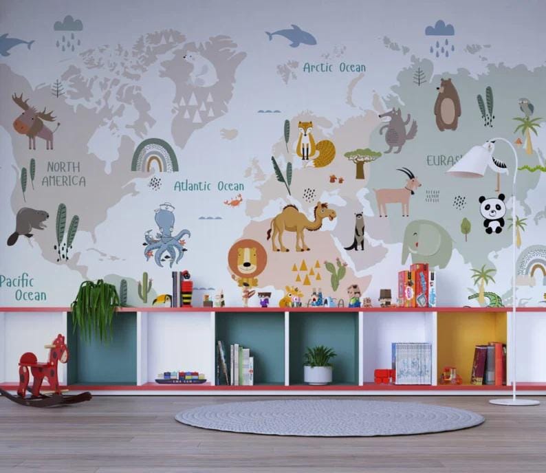 World Map Themed Cute Animals Wallpaper-continents and Ocean Themed ...