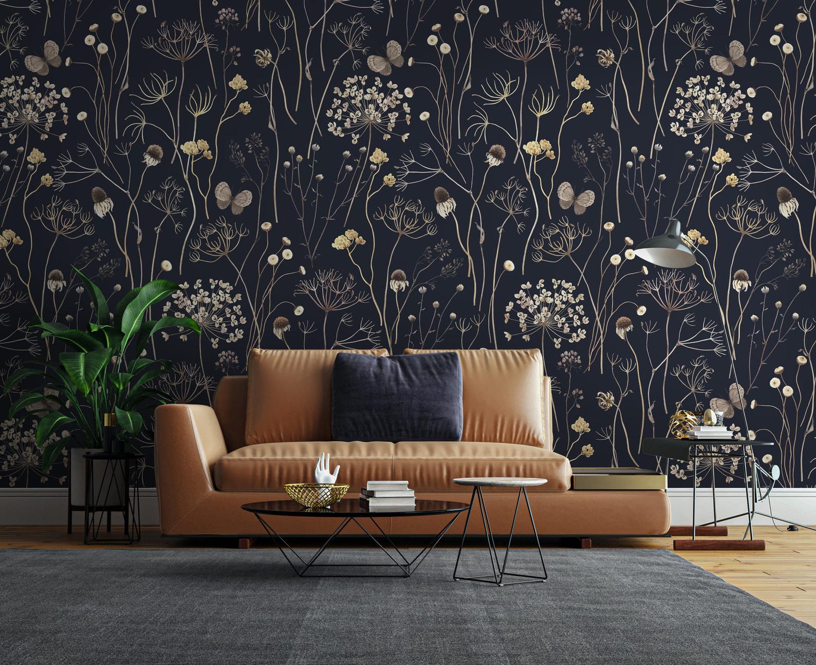 Dark Botanical Wallpaper, Wild Flower Wall Mural, Vintage Butterfly ...