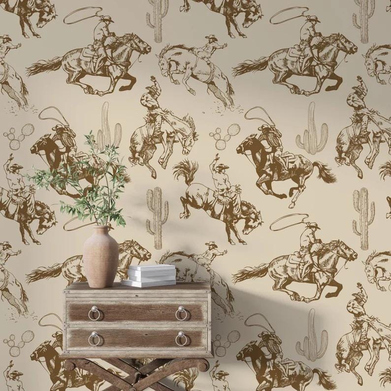 Western Cowboy Rodeo Wallpaper Mural Vintage Wild West Horse Lasso ...