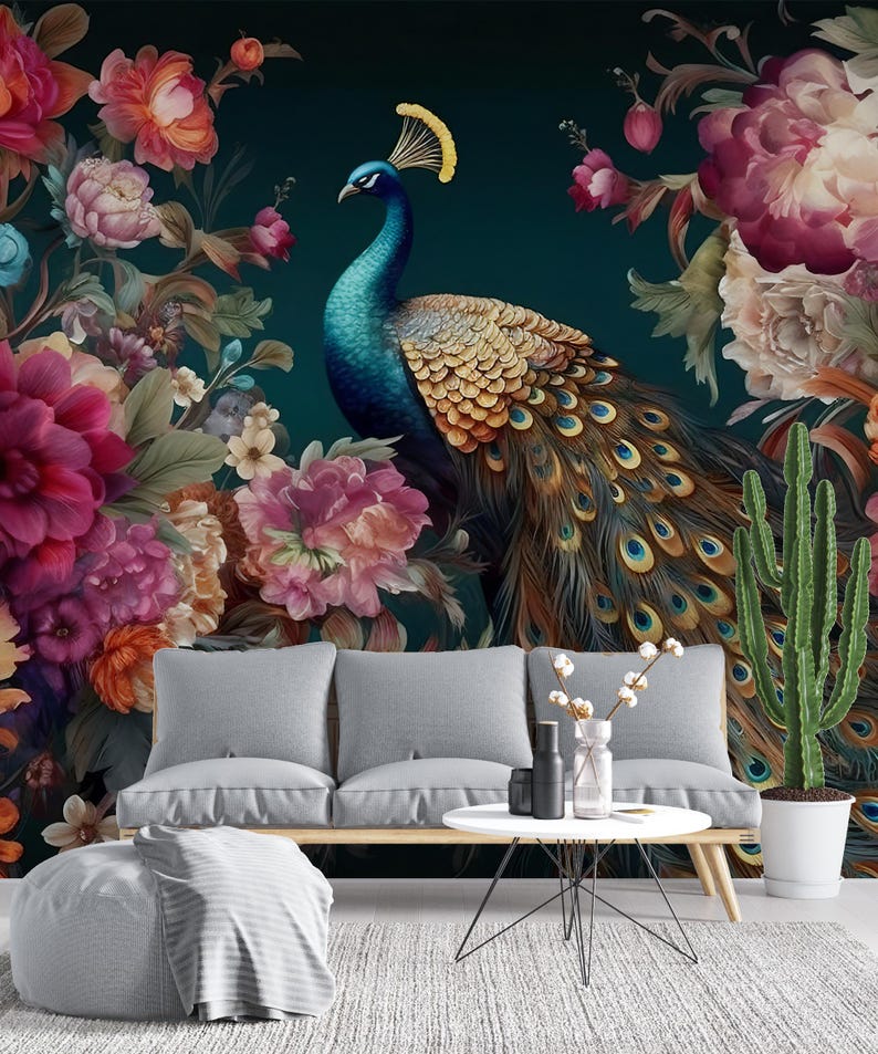 Dark Floral Peacock Wall Mural, Luxury Botanical Wallpaper for Living ...