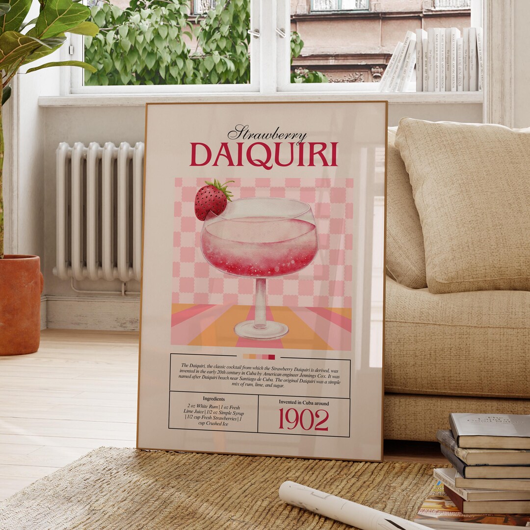 Strawberry Daiquiri Recipe Poster - Vintage Cocktail Art, Home Bar ...