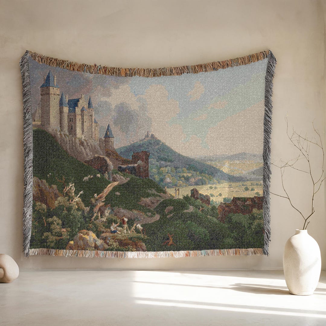 Medieval Castle Cotton Woven Blanket: Fantasy Landscape Tapestry Throw ...