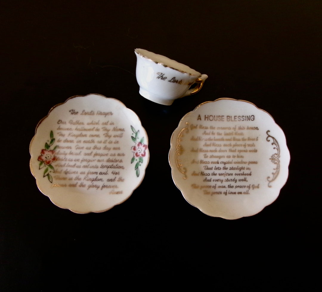 Mini Teacup & 2 Plates Lords Prayer and House Blessing Porcelain Good ...