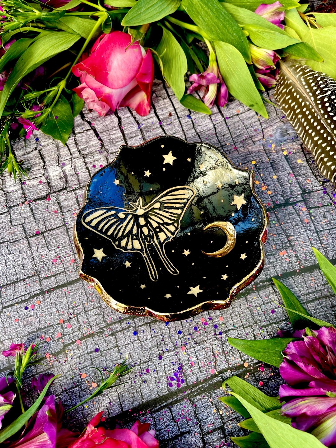 22k Gold Moths & Moonlight Bowl Sgraffito Pottery, Venefica Ceramica ...