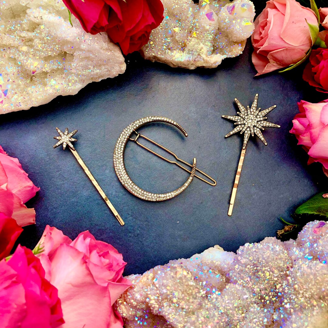 Moon Goddess Hair Clips Crescent Moon Hair Pin Pave Hair Clip Celestial ...