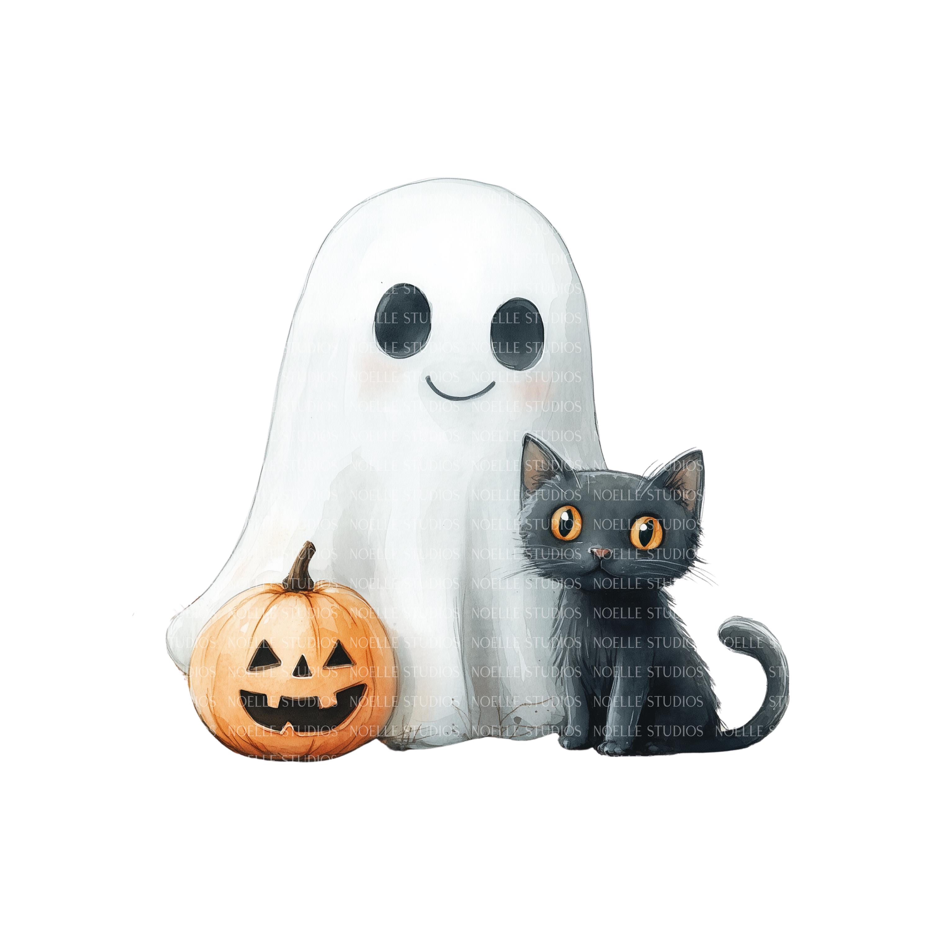 10 Cute Halloween Ghost Clipart Bundle, Watercolor PNG, Witch Hat ...