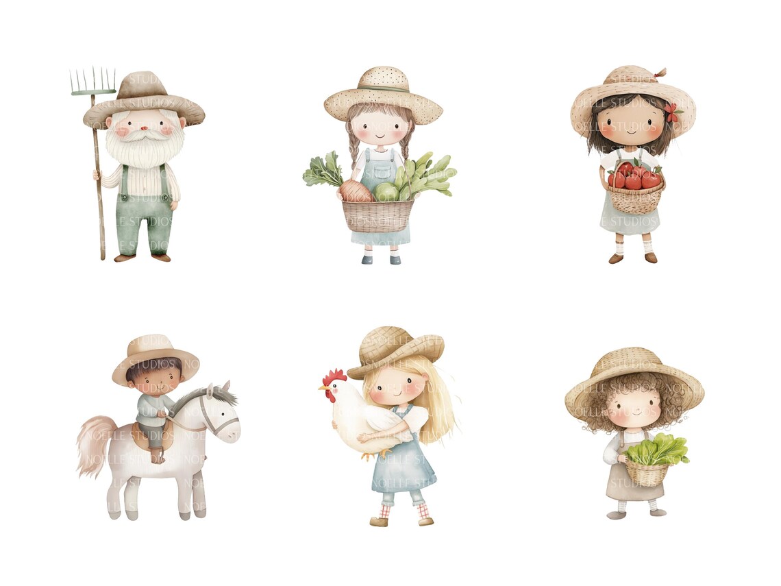 Happy Farm Clipart, Watercolor Farm Animals, Cute Farm Clipart, Cottage ...