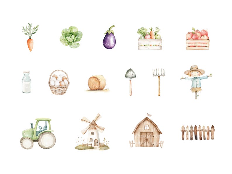 Happy Farm Clipart, Watercolor Farm Animals, Cute Farm Clipart, Cottage ...
