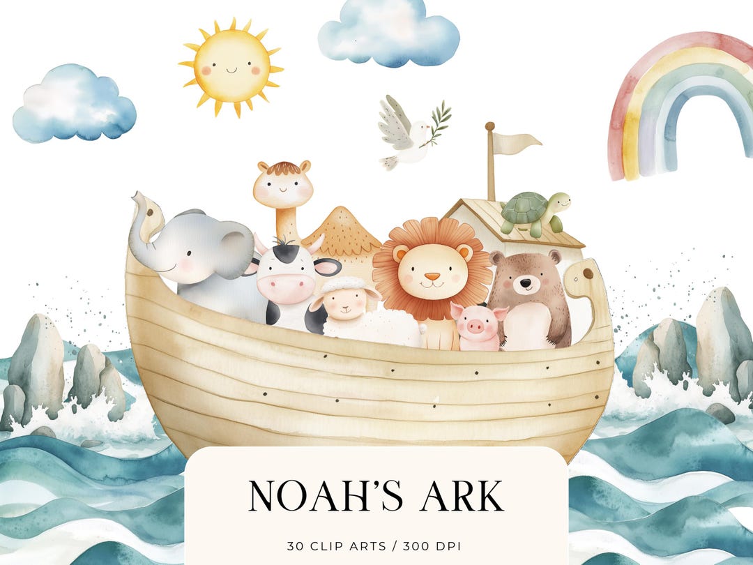 Noah's Ark Watercolor Clipart, Cute Baby Animals PNG, Neutral Nursery ...