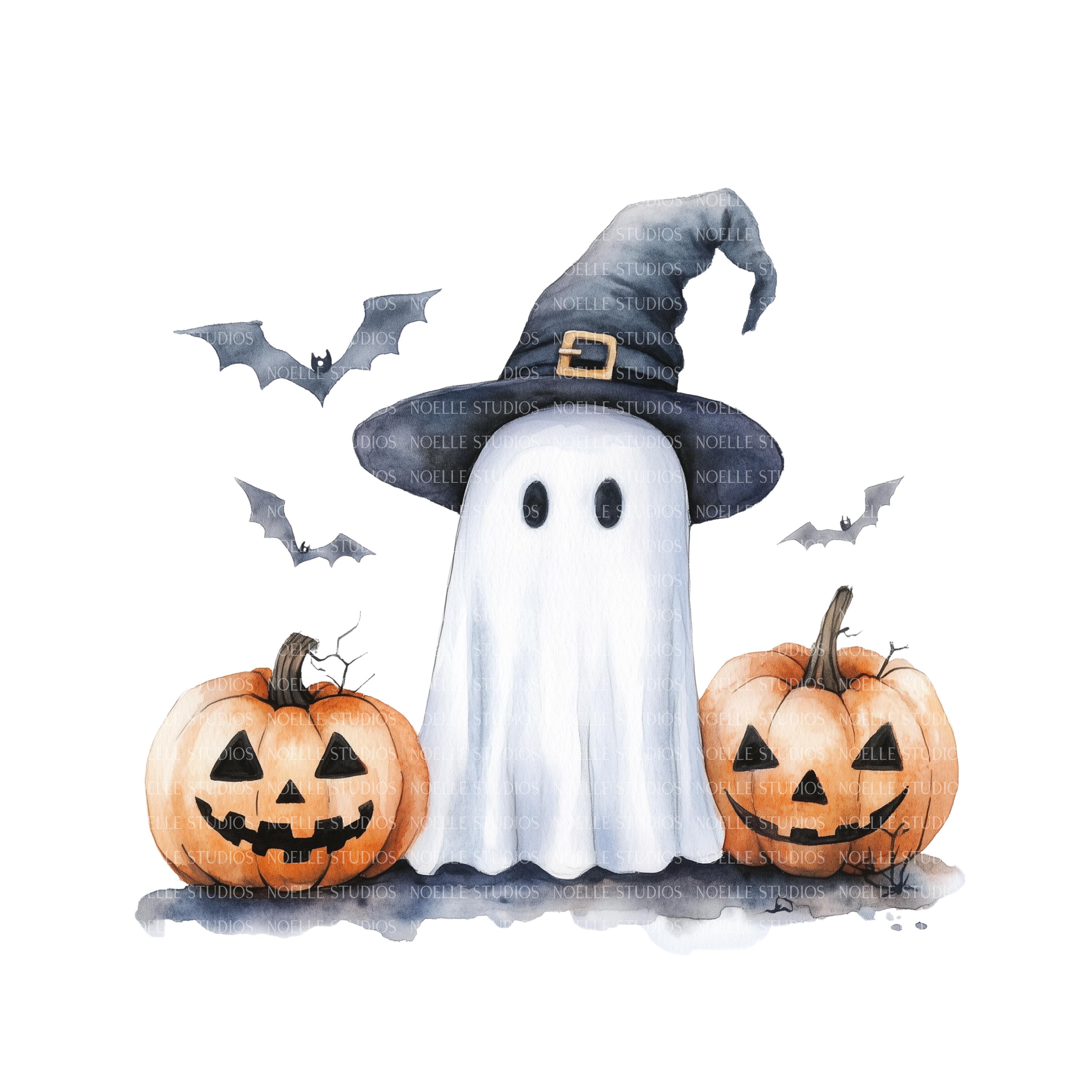 10 Cute Halloween Ghost Clipart Bundle, Watercolor PNG, Witch Hat ...