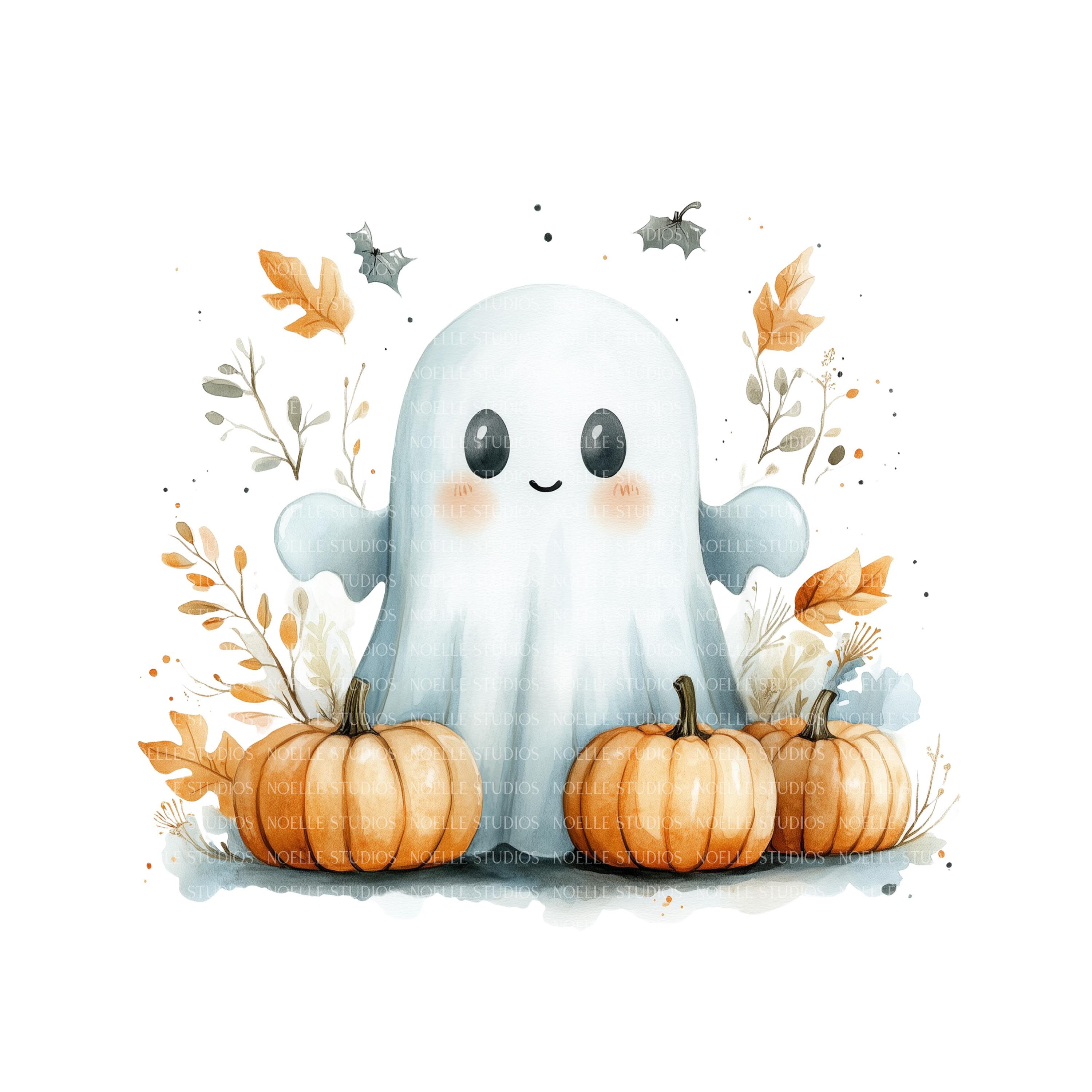 10 Cute Halloween Ghost Clipart Bundle, Watercolor PNG, Witch Hat ...