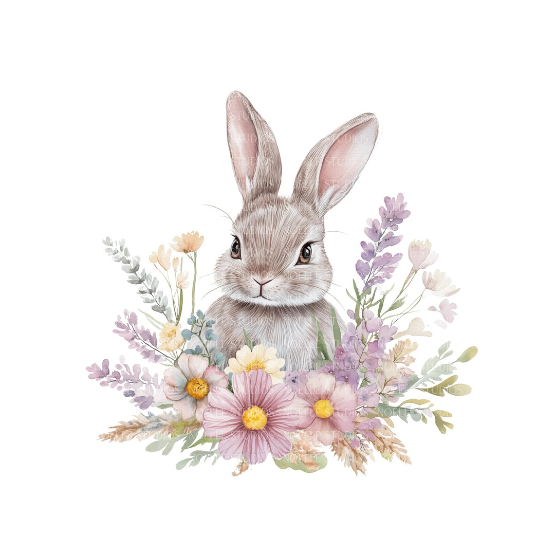 10 Watercolor Bunny Clipart Bundle Cute Rabbit With Pastel Flowers ...