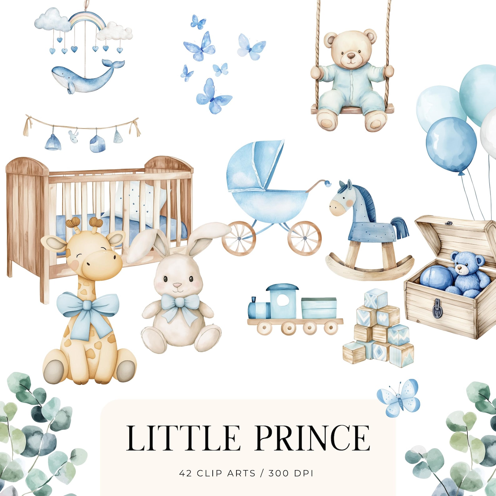 Watercolor Baby Boy Clipart Bundle Cute Baby Shower Clip Art Blue ...