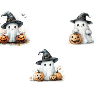 10 Cute Halloween Ghost Clipart Bundle, Watercolor PNG, Witch Hat ...