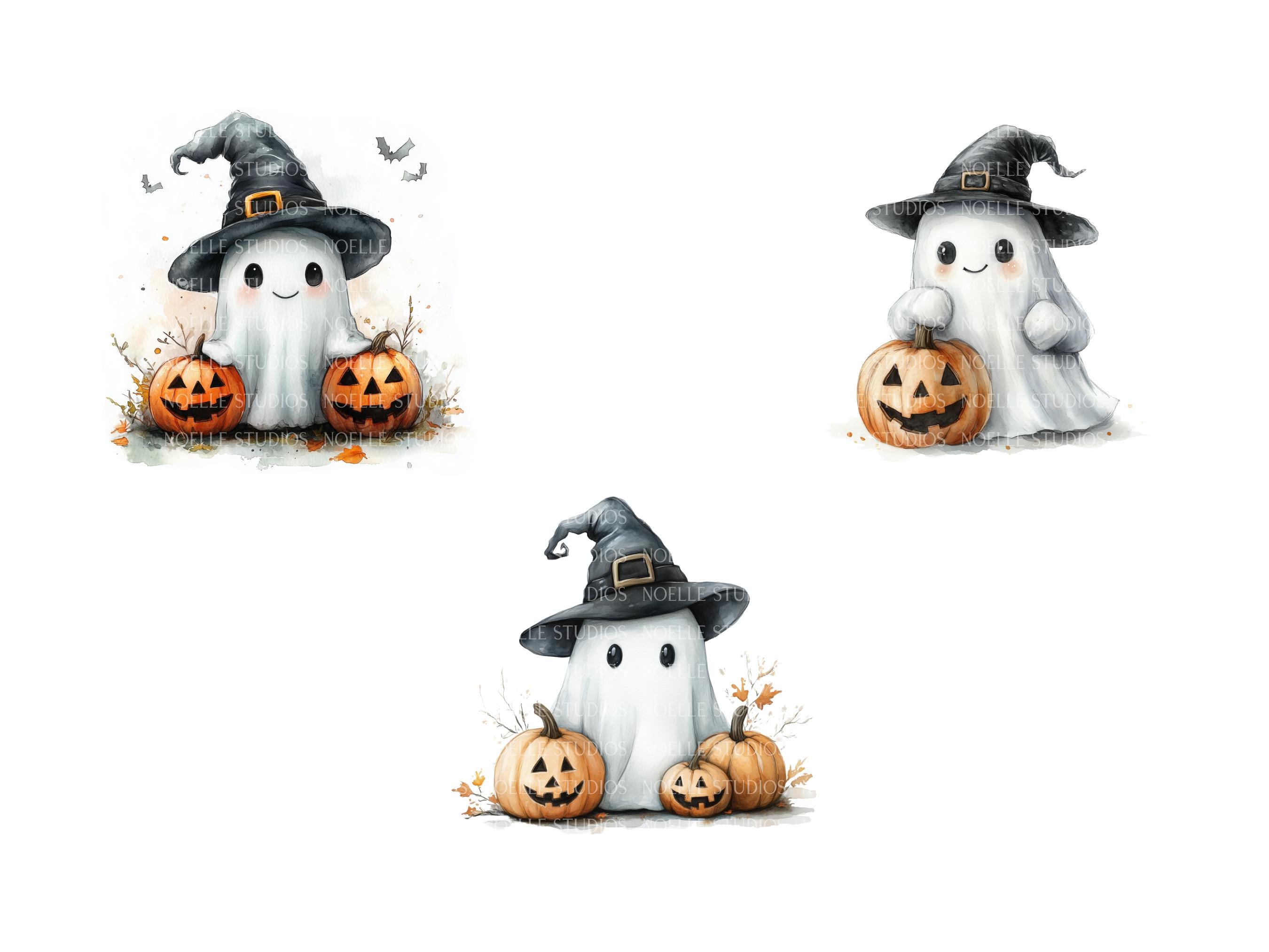 10 Cute Halloween Ghost Clipart Bundle, Watercolor PNG, Witch Hat ...