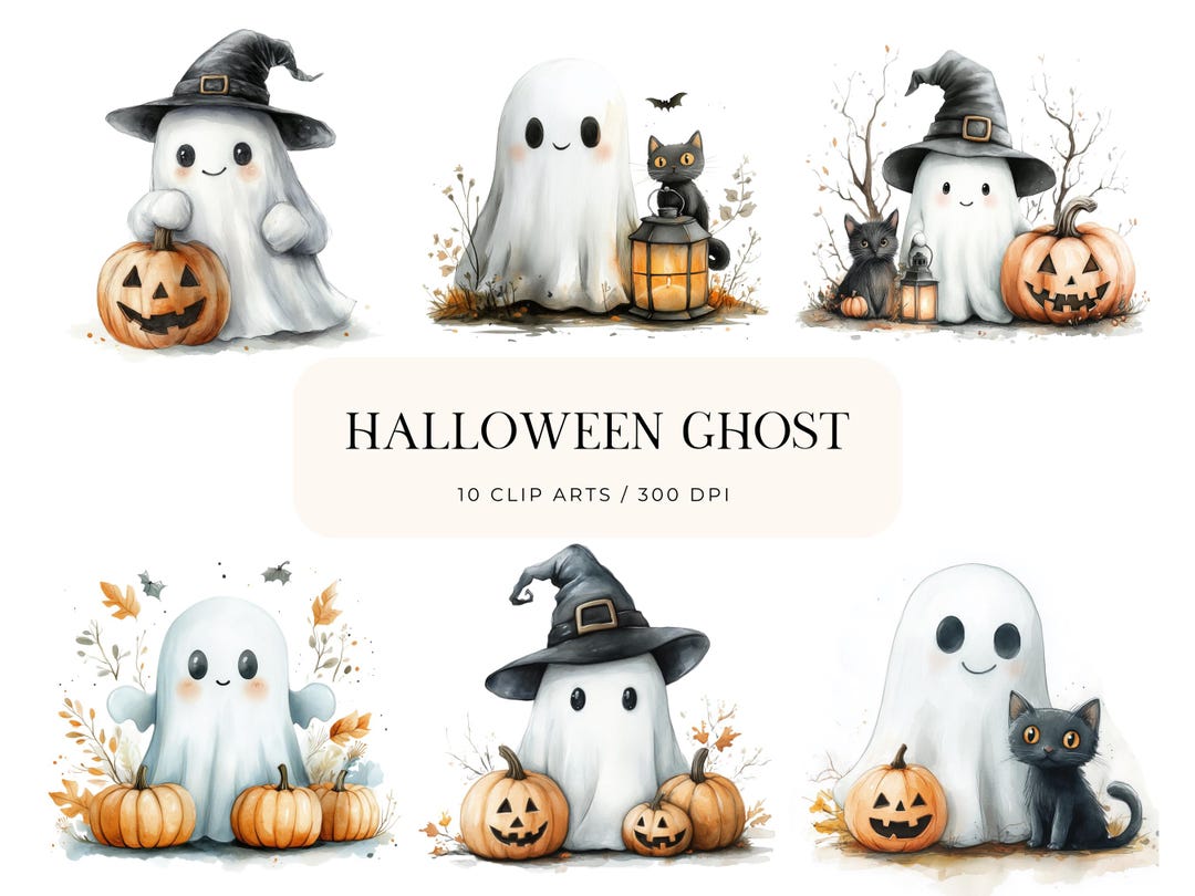 10 Cute Halloween Ghost Clipart Bundle, Watercolor PNG, Witch Hat ...