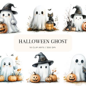 10 Cute Halloween Ghost Clipart Bundle, Watercolor PNG, Witch Hat ...