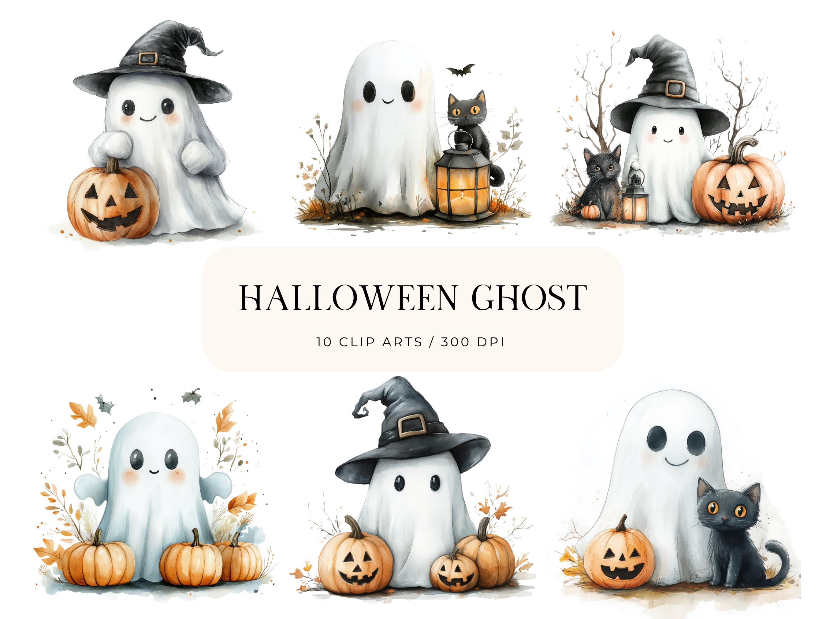 10 Cute Halloween Ghost Clipart Bundle, Watercolor PNG, Witch Hat ...