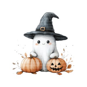 10 Cute Halloween Ghost Clipart Bundle, Watercolor PNG, Witch Hat ...