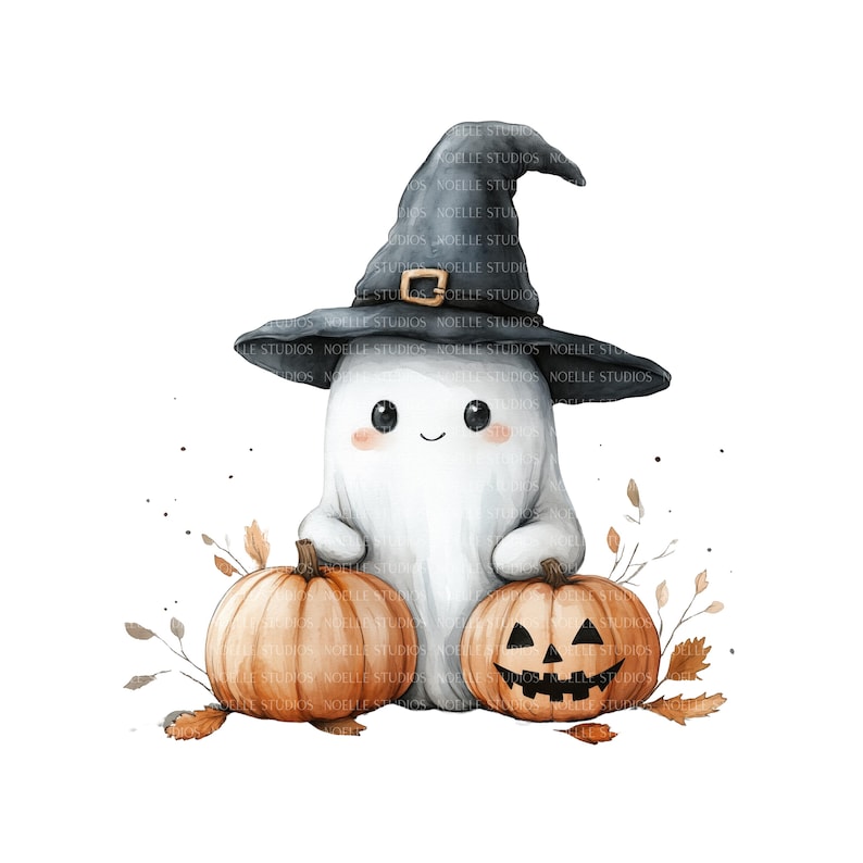 10 Cute Halloween Ghost Clipart Bundle, Watercolor PNG, Witch Hat ...