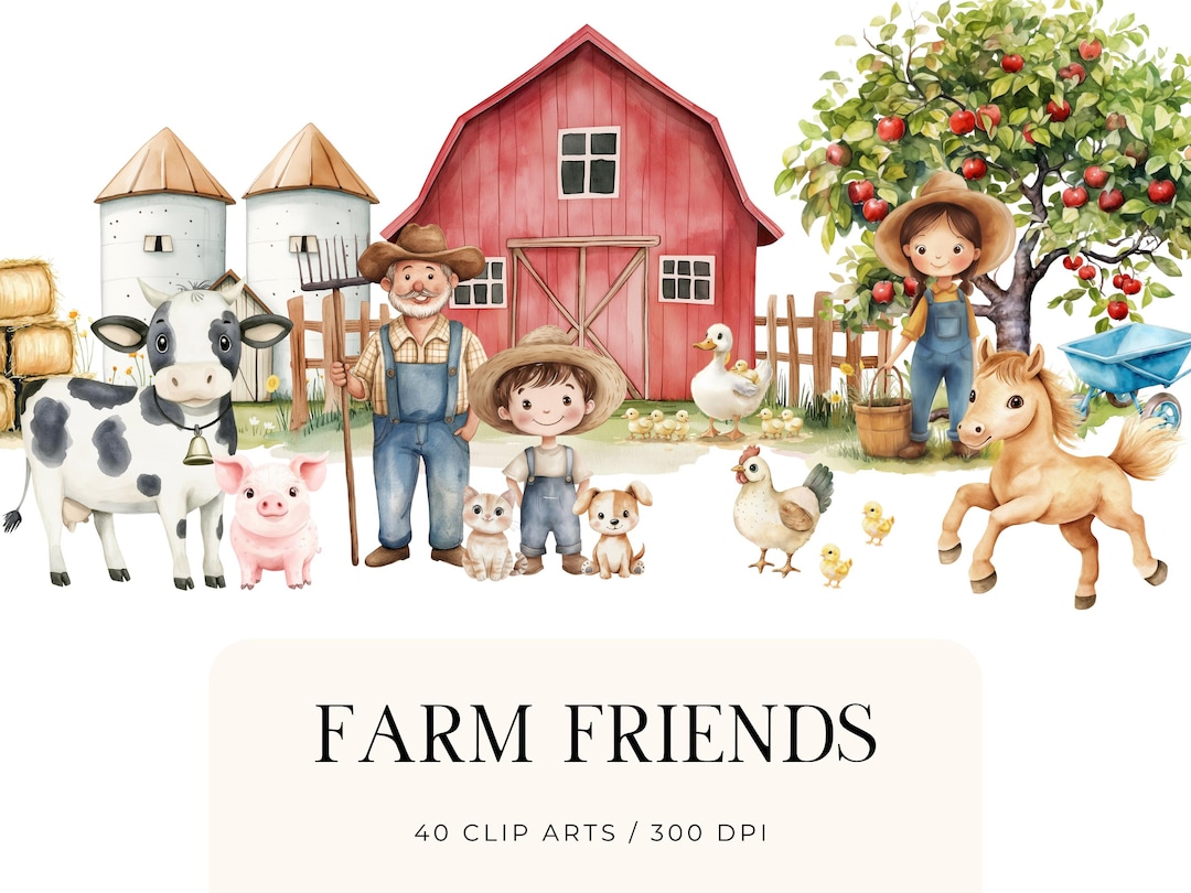 Watercolor Cute Farm Clipart Farm Life Clip Art Cottage Farm Animals ...