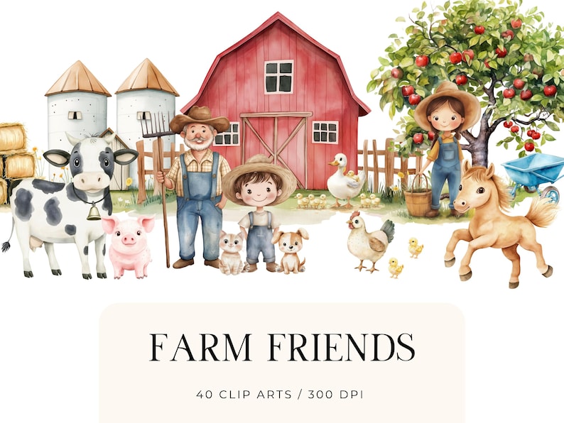 Watercolor Cute Farm Clipart Farm Life Clip Art Cottage Farm Animals ...