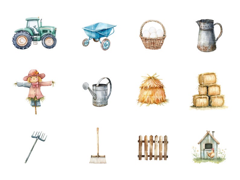 Watercolor Cute Farm Clipart Farm Life Clip Art Cottage Farm Animals ...