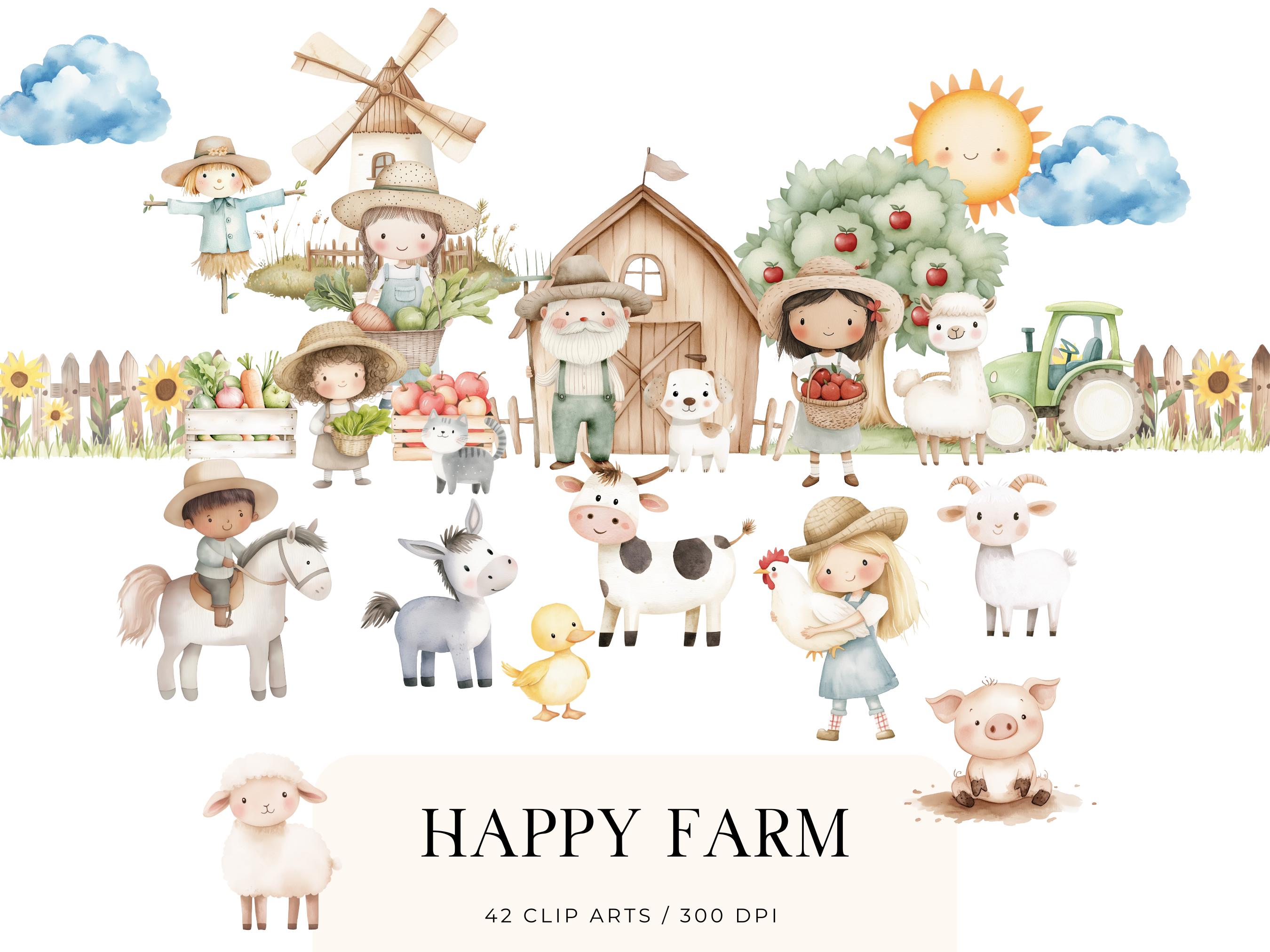 Happy Farm Clipart, Watercolor Farm Animals, Cute Farm Clipart, Cottage ...