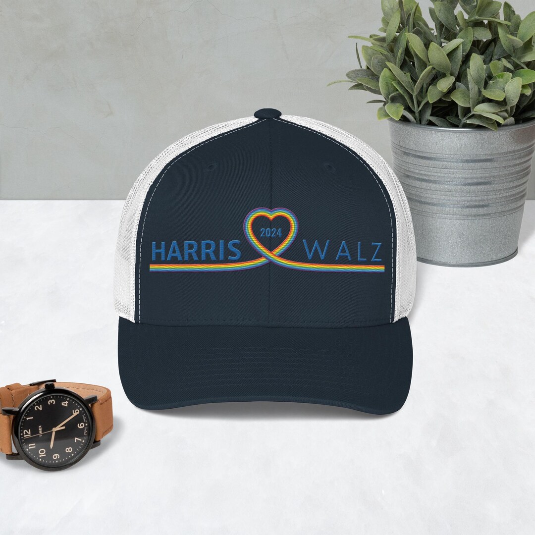 Harris Walz 2024 LGBTQIA Rainbow Heart Trucker Cap: Defeat Trump, Vote ...