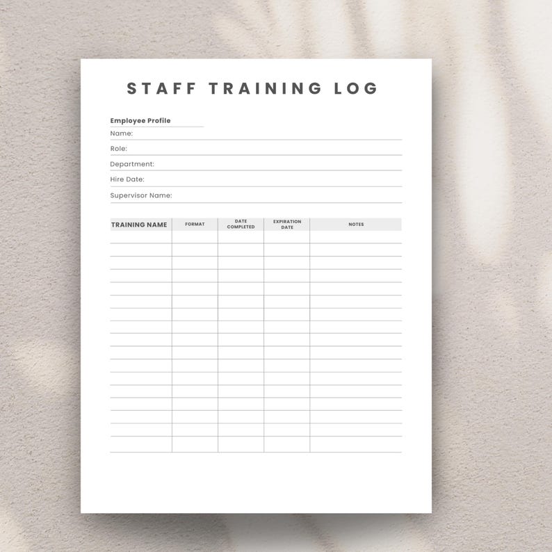 Staff Training Log | Printable Employee Training Record PDF | HR ...