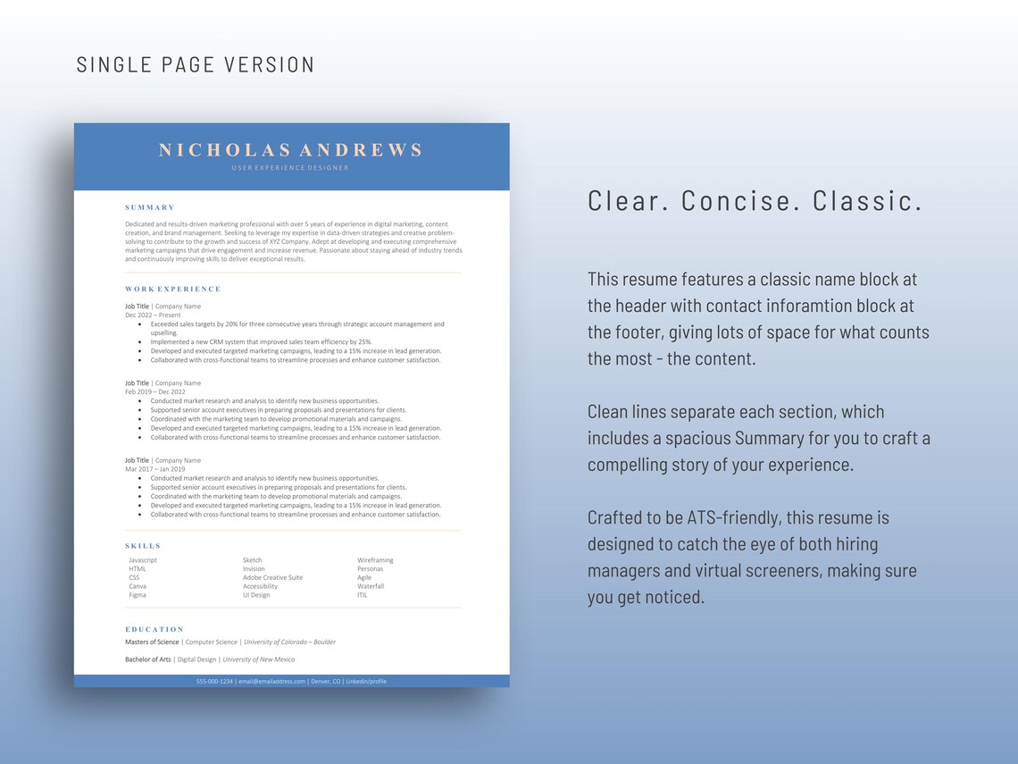 Classic Resume Template for Word | Customizable & Editable Fonts and ...